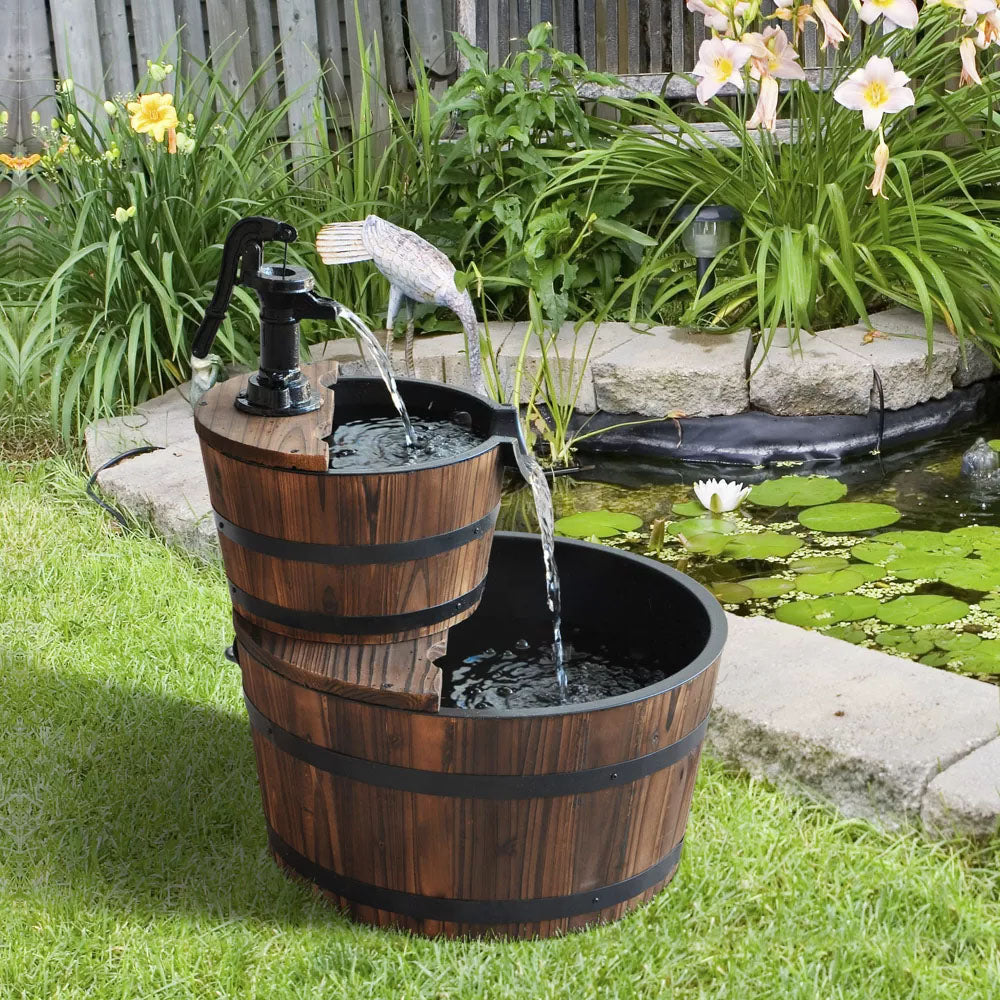 3 Gallons 23" 2_Tier Wood Barrel Water Fountains for Outdoors with Adj ...